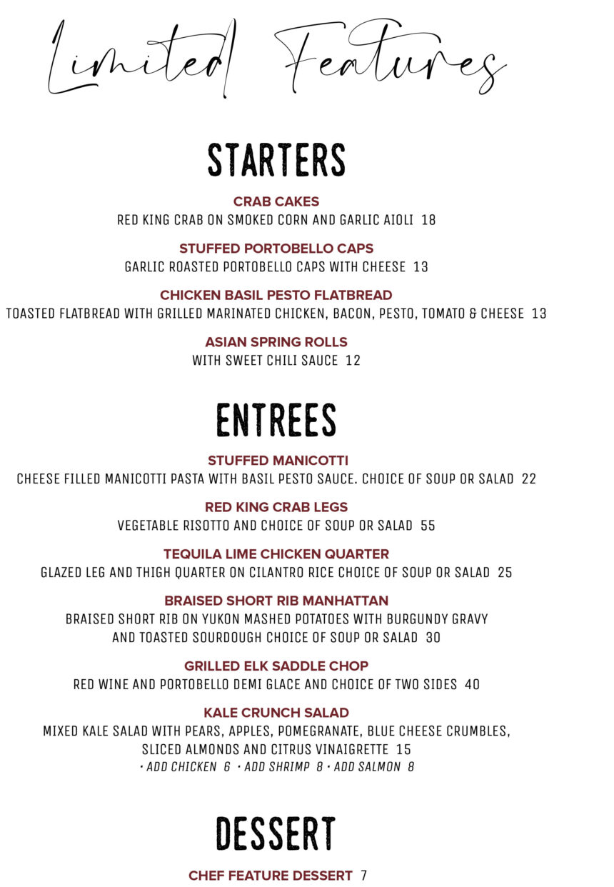 Winter Limited Features Menu - Summit Grill Kitchen Cocktails